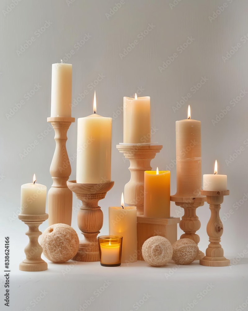 Different types of candles and holders on a white background, realistic ...