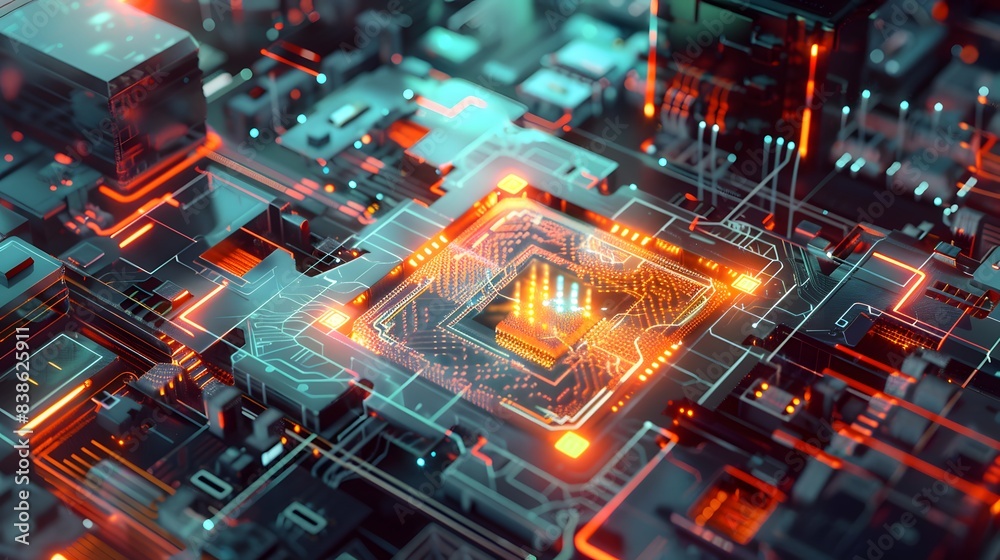 Illustration of a quantum computer core, visualized with glowing qubits and intricate circuitry ...