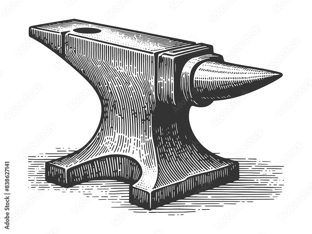Vintage blacksmith anvil, depicted in an engraved style. Sketch ...