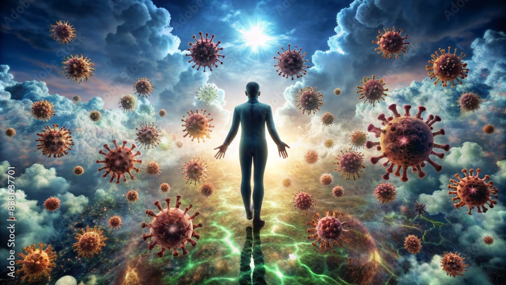 Stylized abstract human silhouette engulfed by swirling clouds of ...