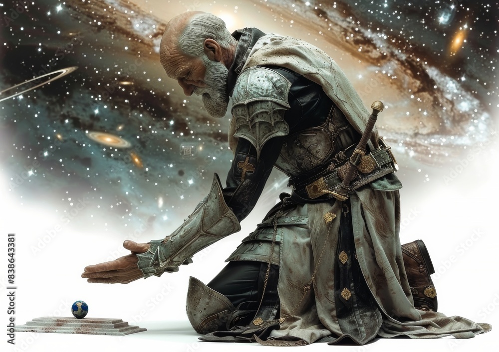 Medieval Knight Kneeling Against Cosmic Background in Awe of Celestial ...