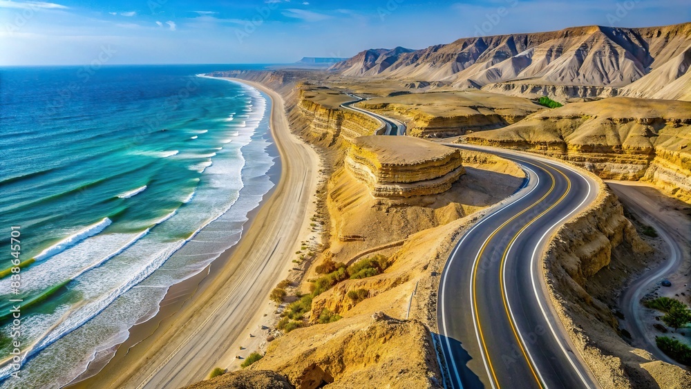 Scenic landscape of Makran Coastal Highway with winding road and ocean ...