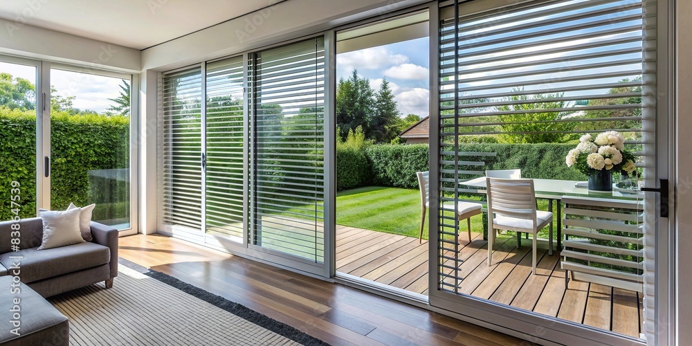 Modern jalousie on a sliding window with access to garden terrace ...