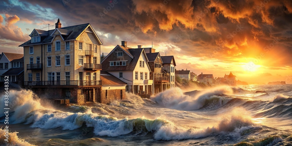 Devastating coastal flood engulfs buildings during natural cataclysm at ...