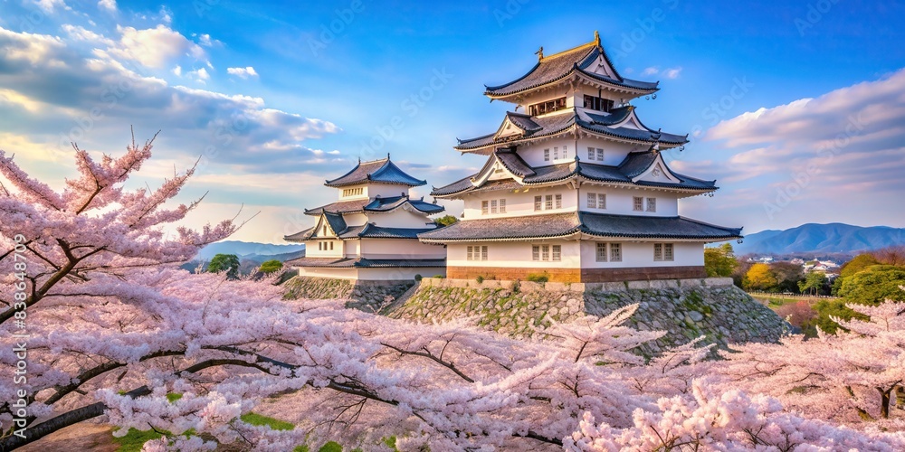 Beautiful view of Ueda Castle with cherry blossoms in full bloom, Ueda ...