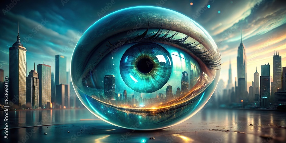 Cyan cyberpunk eye in glass ball on futuristic city backdrop with macro ...