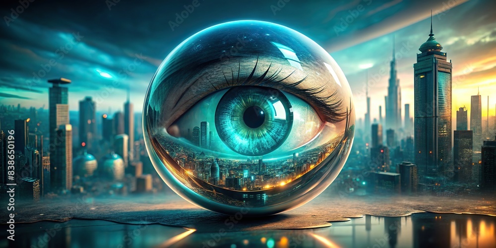 ภาพประกอบสต็อก Cyan cyberpunk eye in glass ball on futuristic city ...