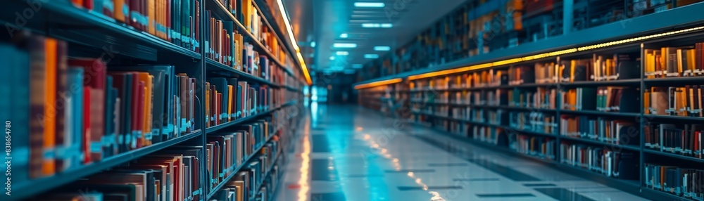 Modern Library Interior with Endless Rows of Bookshelves and ...