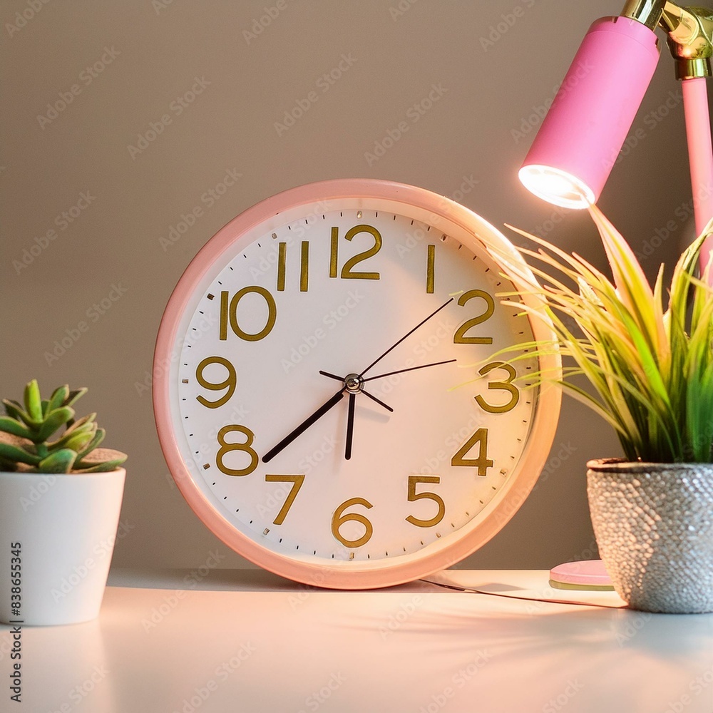 Hyper-realistic clock with neon light, black background, desk lamp ...