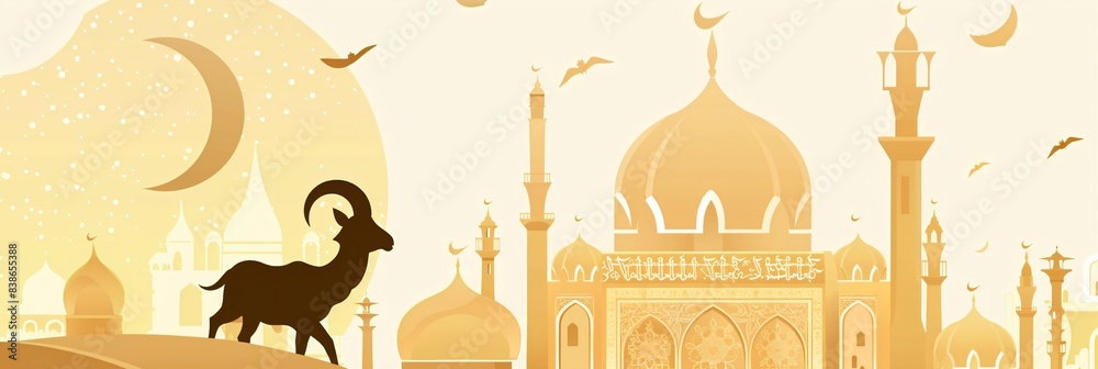 Greeting card with sacrificial sheep, ancient arab temple and crescent ...