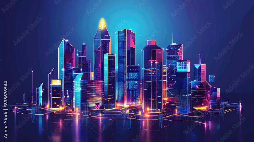 Smart city or digital city concept, graphic of buildings with low poly ...