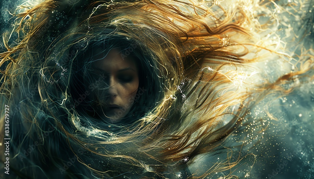 Realistic highdefinition image woman through black hole, hair ...