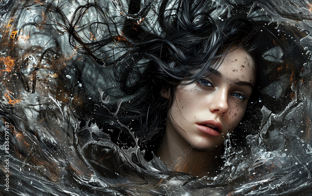 Sharp realistic image woman through a black hole, hair merging with ...