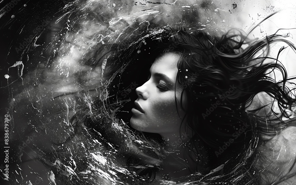 Sharp realistic image woman through a black hole, hair merging with ...