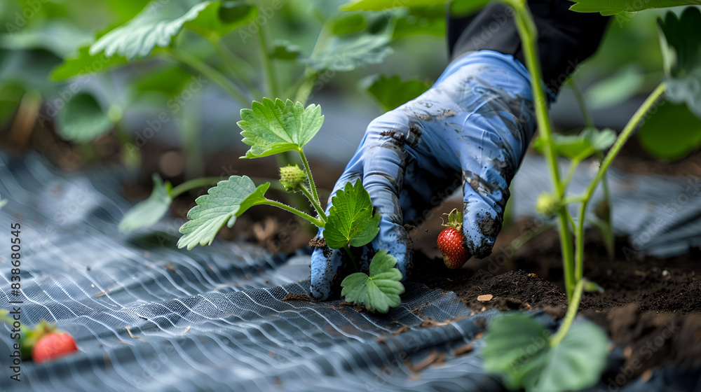 Planting strawberry seedling on spunbond, digging pits using a scoop ...