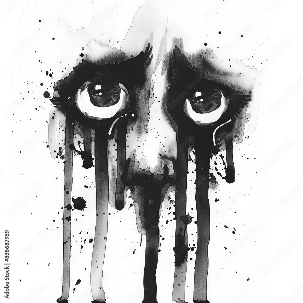 Abstract black and white watercolor painting of a face with expressive ...