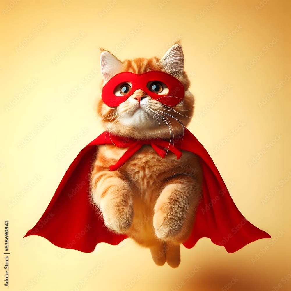 hero cat, Cute orange tabby kitty with a red cloak and mask jumping and ...