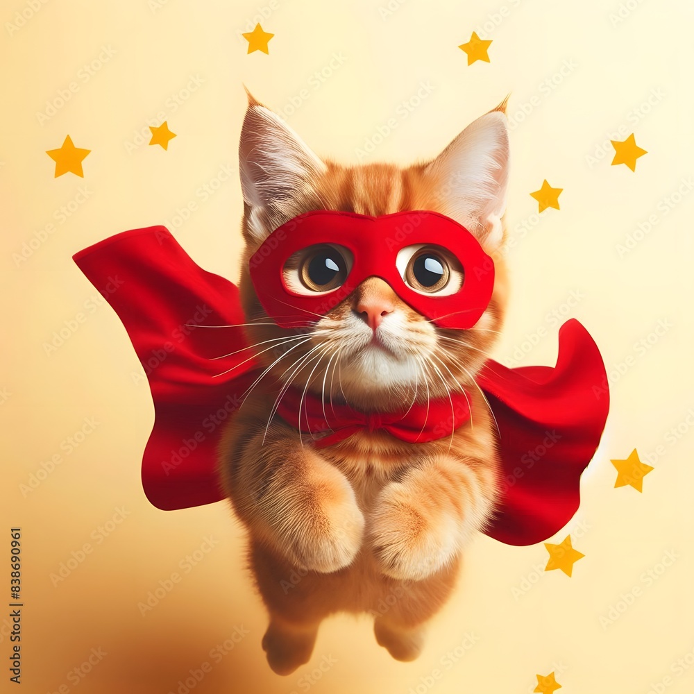 hero cat, Cute orange tabby kitty with a red cloak and mask jumping and ...