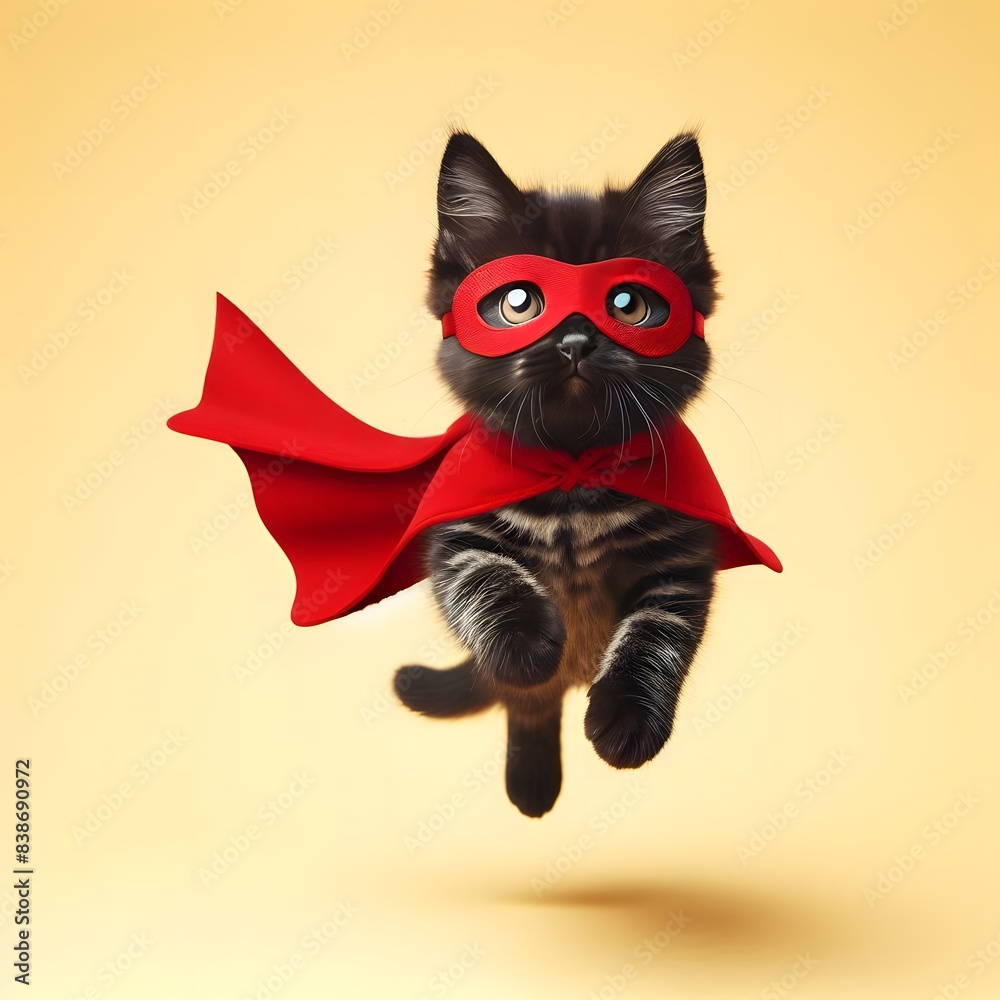 hero cat, Cute black tabby kitty with a red cloak and mask jumping and ...