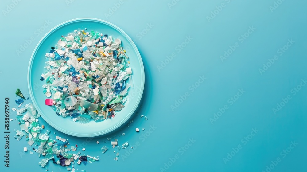 Viridian plate filled with microplastics on blue background with copy ...