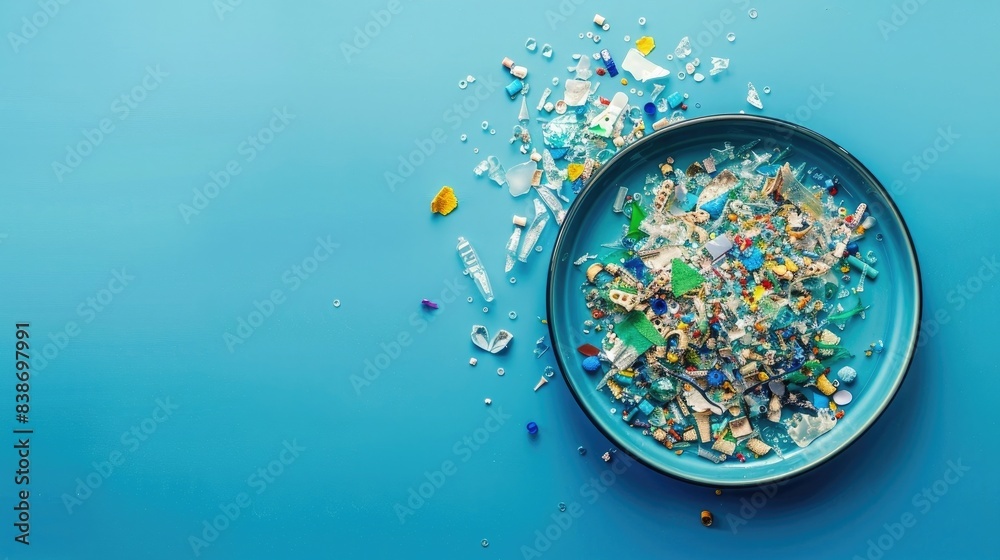 Ilustração do Stock: Viridian plate filled with microplastics on blue ...