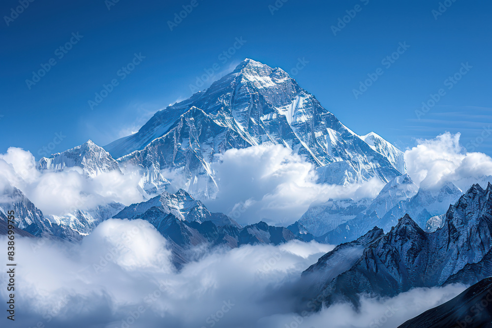 The majestic Mount Everest peering through the clouds, with a clear ...