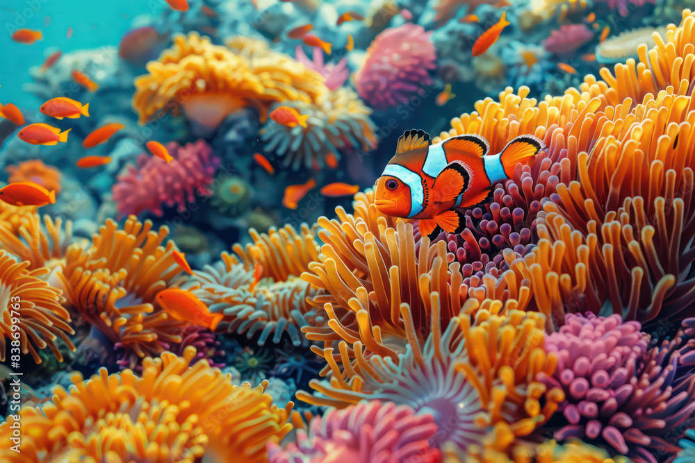 A vibrant underwater Scene of a coral reef teeming with life, including ...
