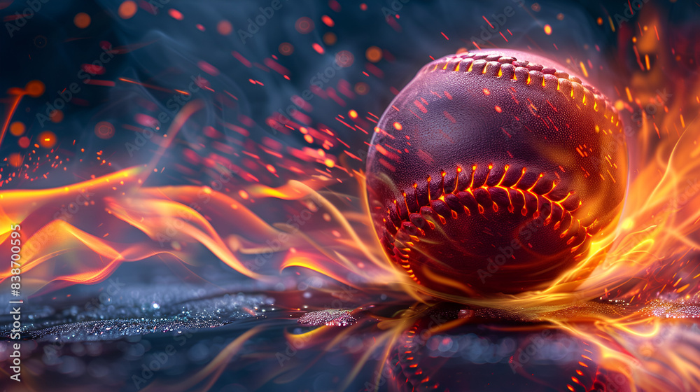 Softball ball in neon fire flames in explosion on dark glossy ...