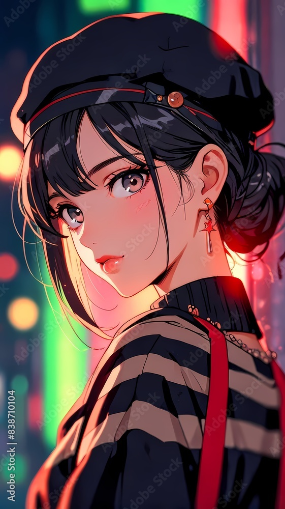 Girl in in striped boatneck top and hat, skirt Anime style illustration ...