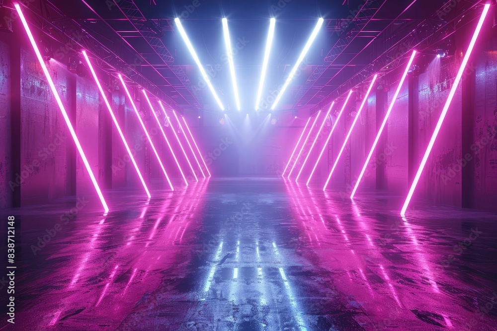 Neon light abstract background. Neon glowing lights stage with 80s ...