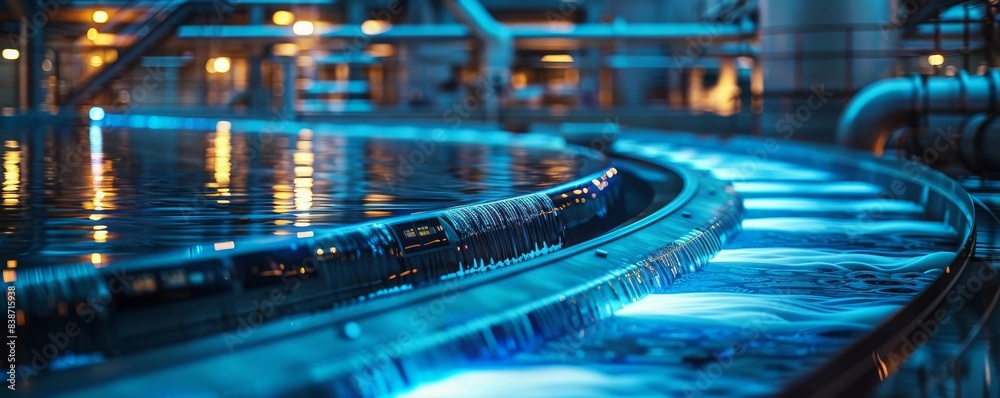 Futuristic wastewater treatment plant, sleek design, holographic ...