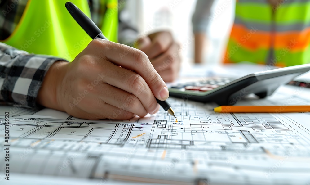 Realistic photo featuring a civil engineer's hand marking details on ...