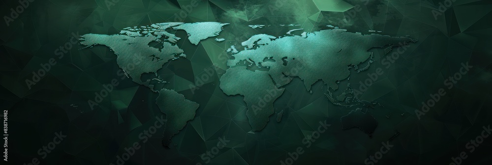 A dark green background with low poly world map in the center, simple ...