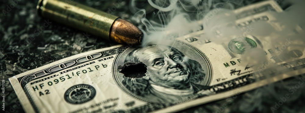 dollar bill with bullet hole in center, smoke coming out of the pistol ...
