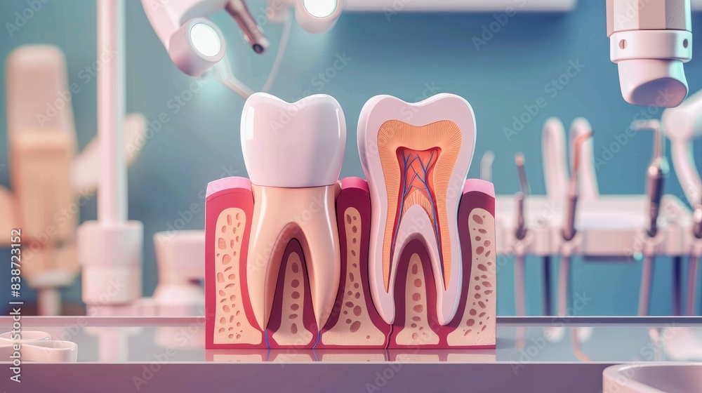 Detailed dental cross-section models with various instruments in a ...