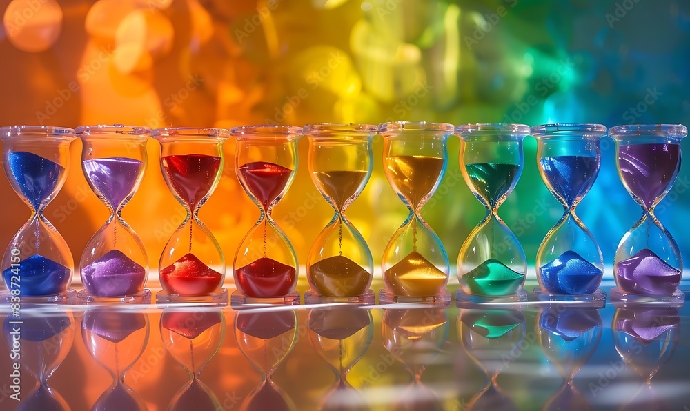 Compelling photo of a series of hourglasses with different colored ...