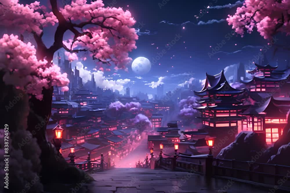 A fantastic Japanese night city with a view of Cape city, neon lights ...