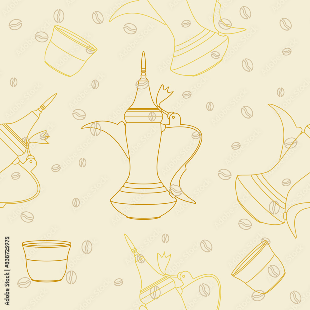 Editable Traditional Arab Coffee Dallah Pot and Finjan Cups with Beans ...