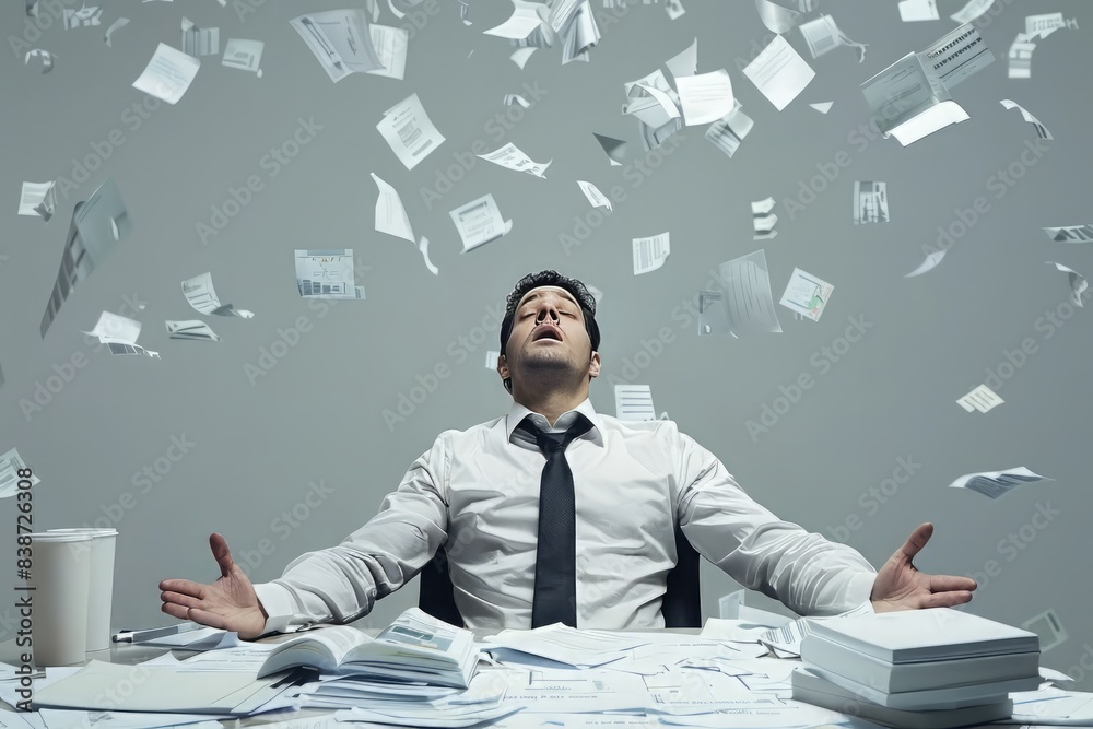 Stress, overworked and headache with businessman multitasking audit ...