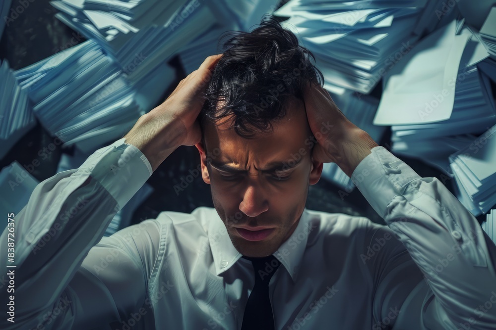 Stress, overworked and headache with businessman multitasking audit ...