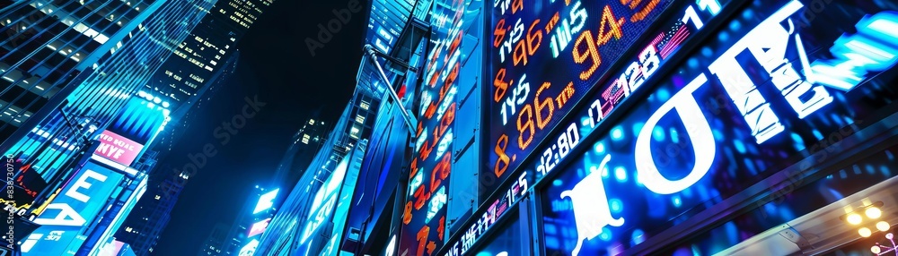 Striking ticker symbol collage with images of market screens, stock ...