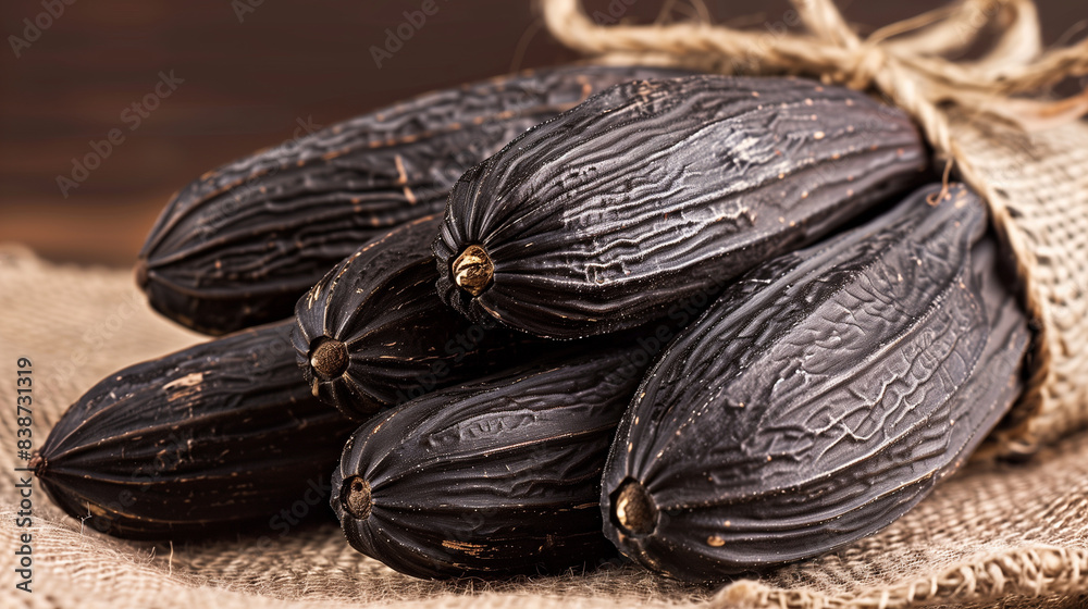 Tonka beans. Fruit of the Dipteryx odorata tree. dark, elongated seeds ...