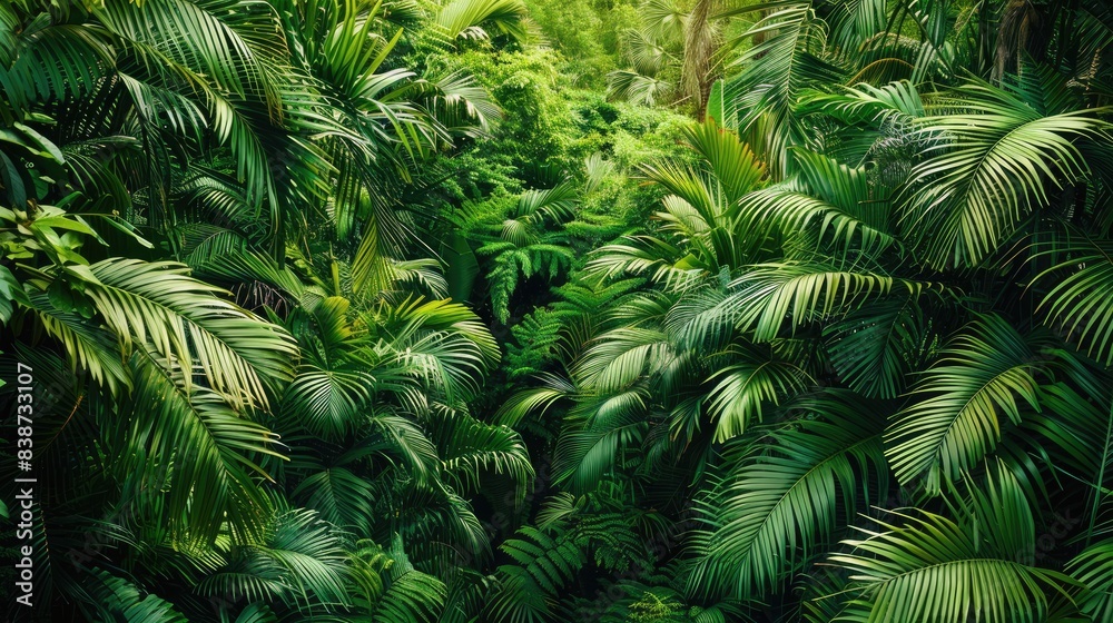 Lively forest scene of tropical trees Forms dense, lush leaves. Forest ...