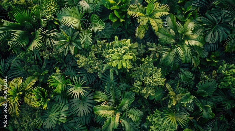 Lively forest scene of tropical trees Forms dense, lush leaves. Forest ...
