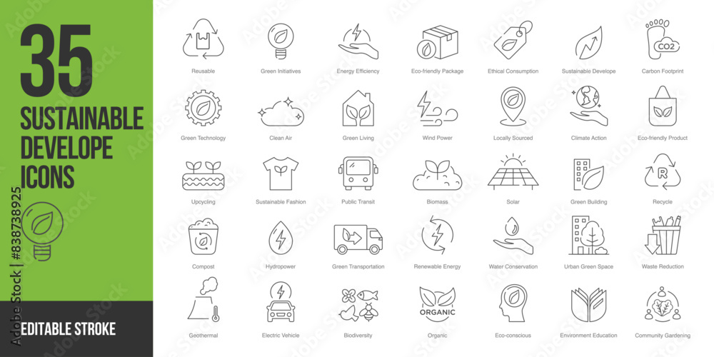 Sustainable Development icon set in line style. Sustainable Development ...