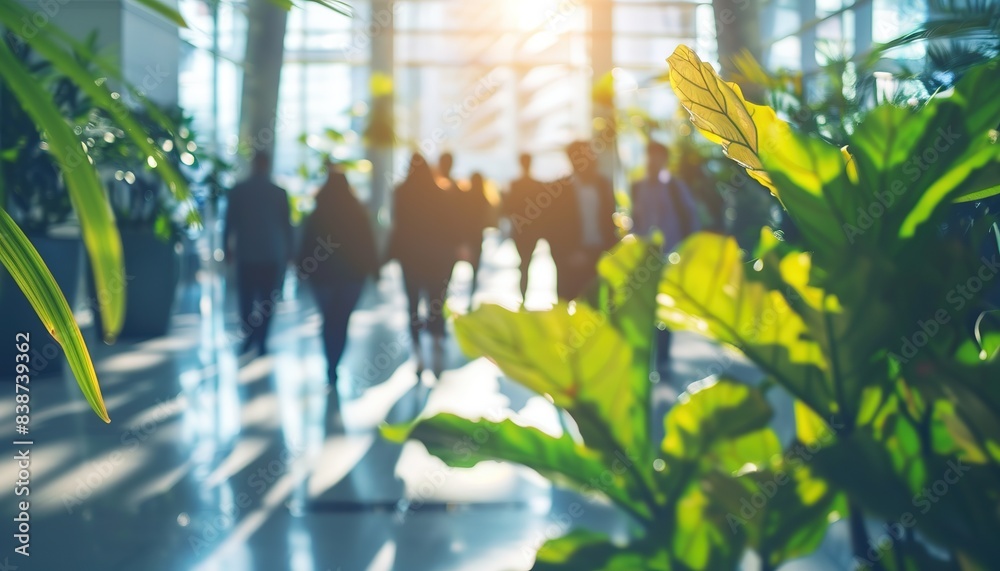 In a modern office building, people walking under sunlight and greenery ...