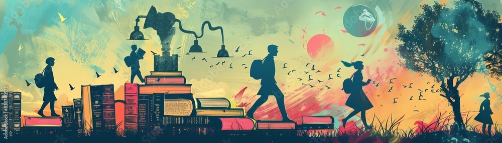 Retrostyle poster illustrating the evolution of education from the ...