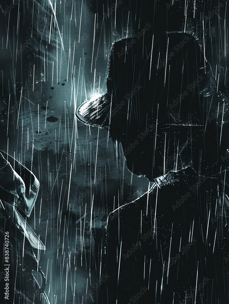 17 Crime scene, detective in trench coat, rain, vintage noir style ...