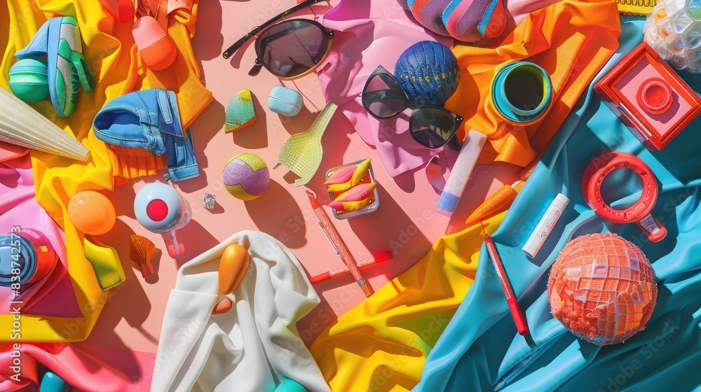 Collection of random items, half illustrated, half realistic, vivid ...