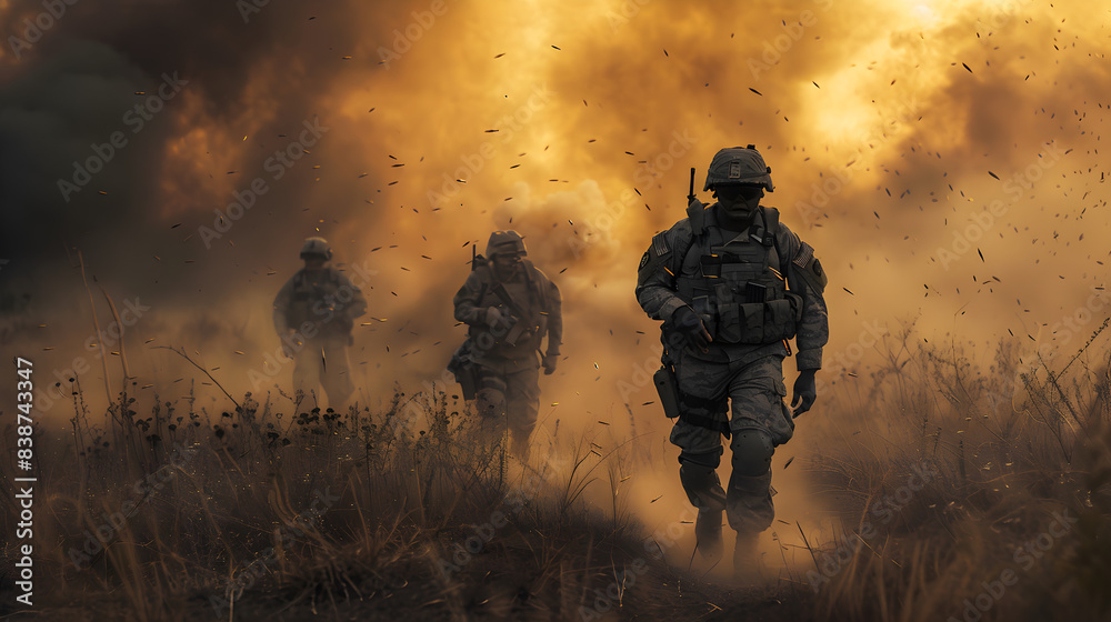 A group of US army soldiers in a hot spot, ready for combat and duty ...